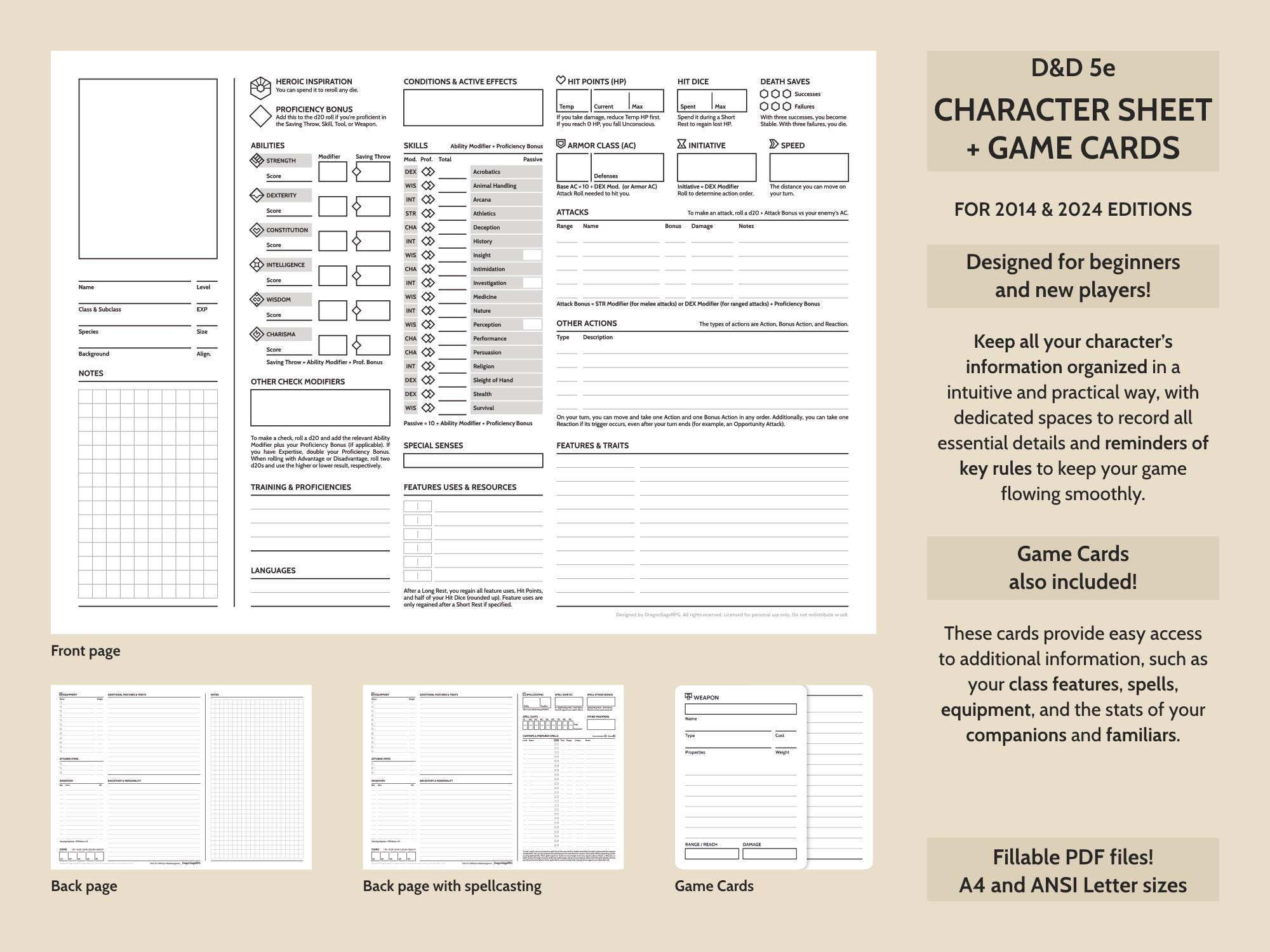 D&D 5e Character Sheet + Game Cards. Designed for Beginners and New ...