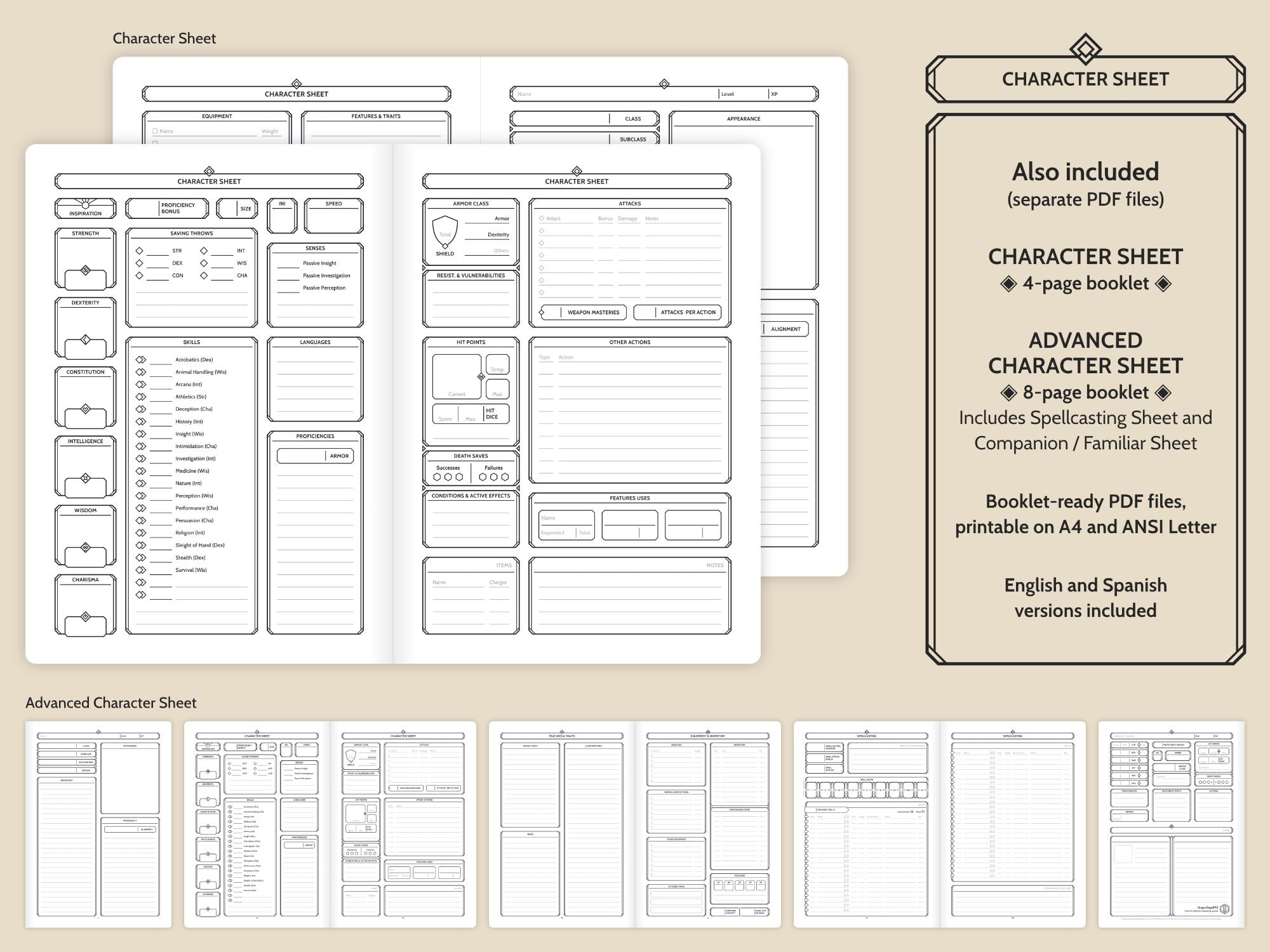 D&D 5e Character Book + Character Sheet (A5 and Half Letter Booklets ...