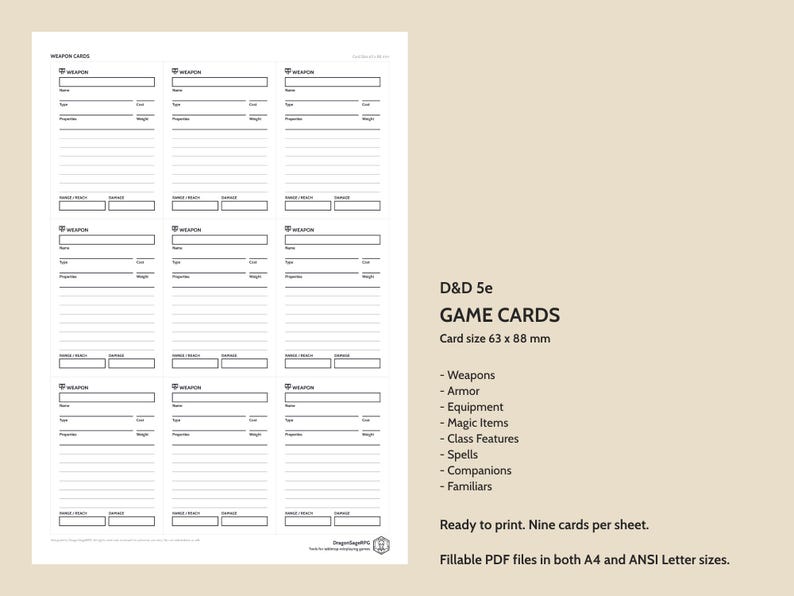 D&D 5e Character Sheet + Game Cards. Designed for Beginners and New ...