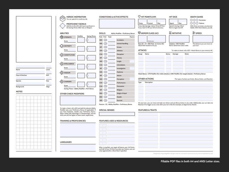 D&D 5e Character Sheet + Game Cards. Designed for Beginners and New ...