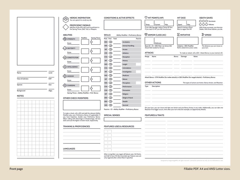 D&D 5e Character Sheet + Game Cards. Designed for Beginners and New ...