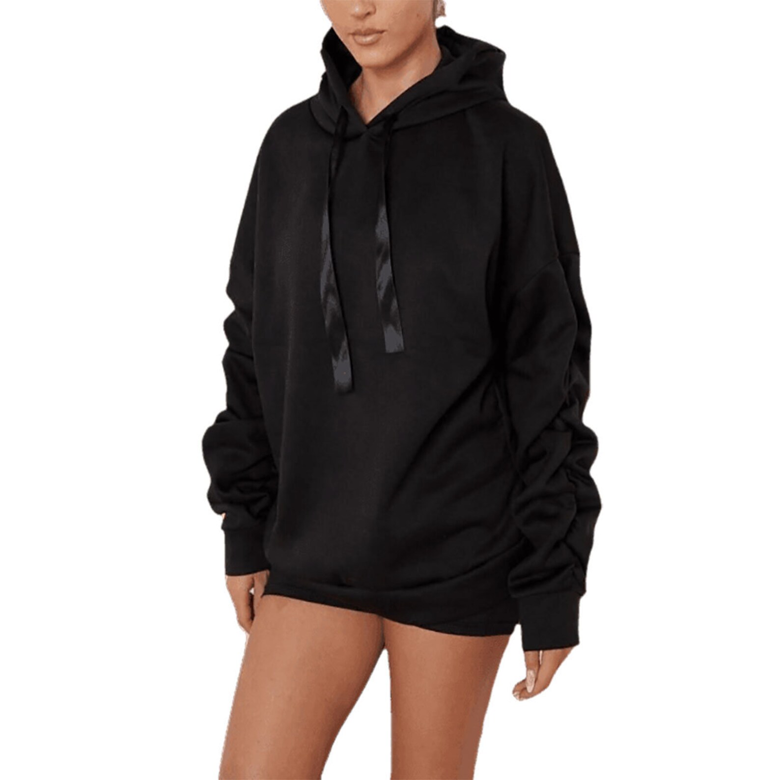 Womens Ruched Sleeve Ribbon Oversized Hoodie Ladies Casual Jumper Top ...