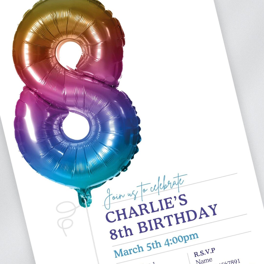 Editable 8th Birthday Invite, Rainbow Helium Balloon Invite, 8th ...
