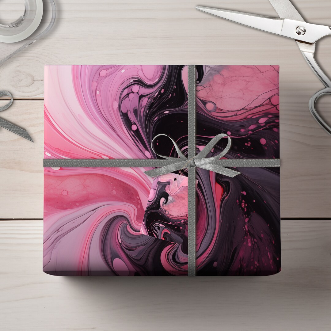 Pink and Grey Paint Swirl Wrapping Paper and Gift Tag Set - Etsy