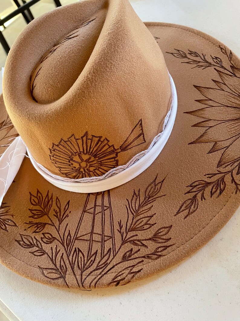 Windmill and Sunflowers Burnt Wide Brimmed Hat - Etsy
