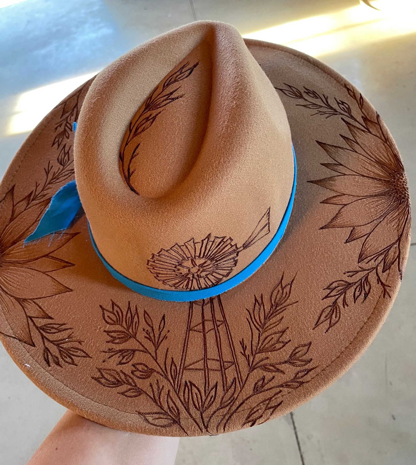 Windmill and Sunflowers Burnt Wide Brimmed Hat - Etsy