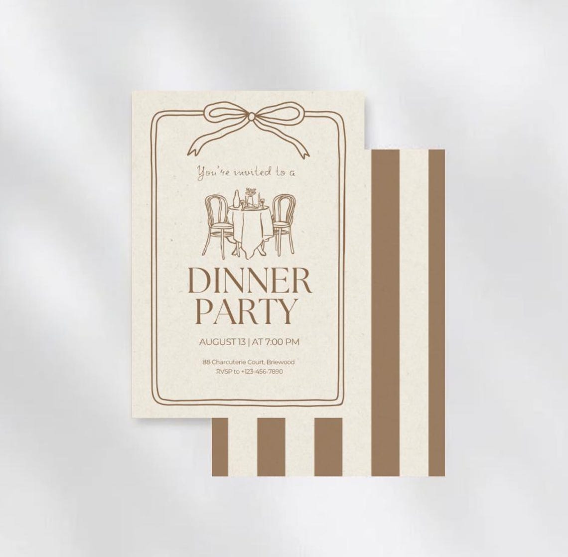 Elegant Dinner Party Invitation Template: Brown Beige Stripes (digital ...