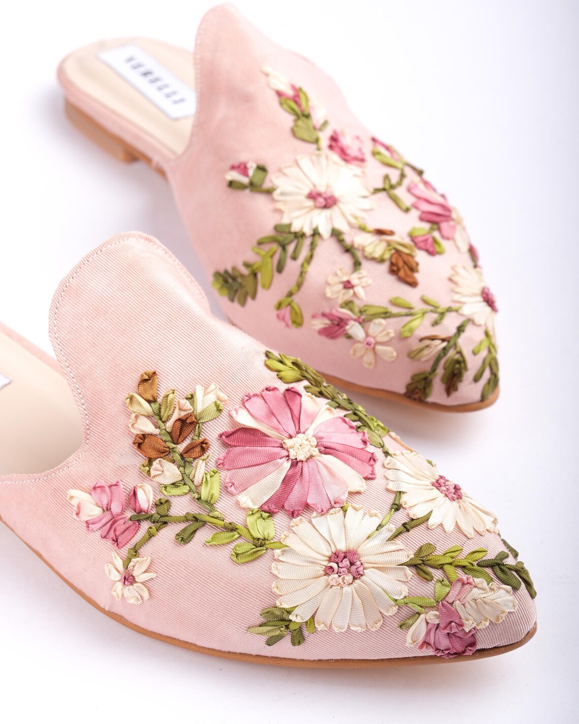 Handmade Floral Embroidered Bridal Slides: Silk Ribbon & Leather - Etsy