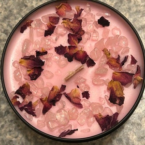 Vanilla Soy Wax Candle With Rose Quartz & Rose Petals - 8oz Tin With ...