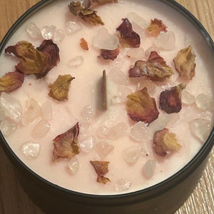 Vanilla Soy Wax Candle With Rose Quartz & Rose Petals - 8oz Tin With ...