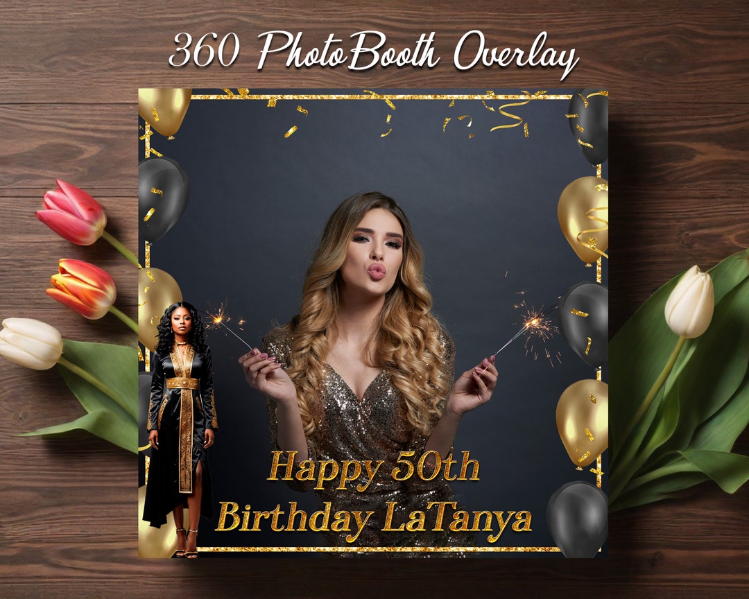 360 Photo Booth Overlay With Gold and Black Balloons, Confetti and ...