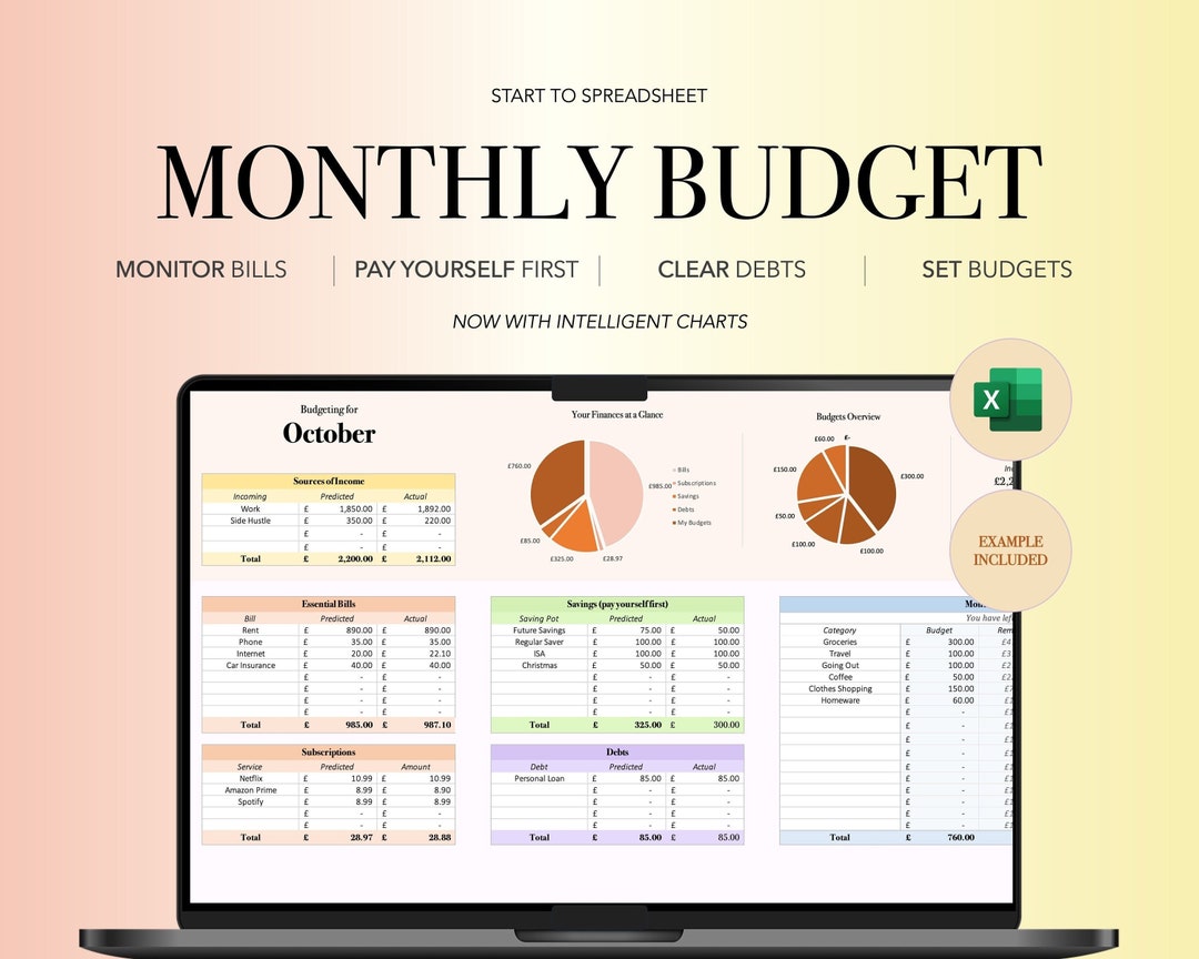 BEGINNER Monthly Budget & Pay Spreadsheet With Charts, Income and Bills ...