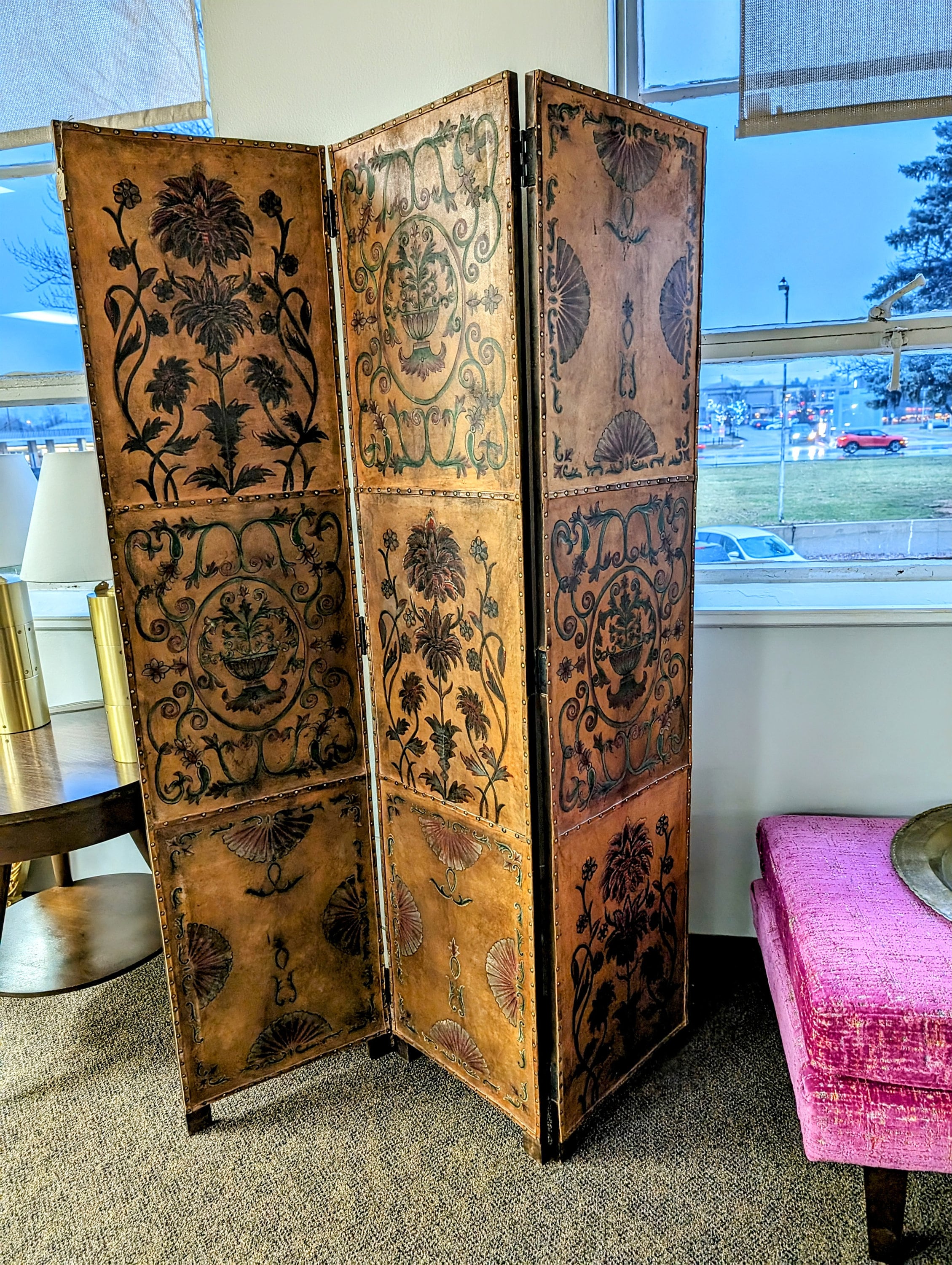 3-panel Room Divider, Hand-painted Leather - Antique (shipping NOT ...