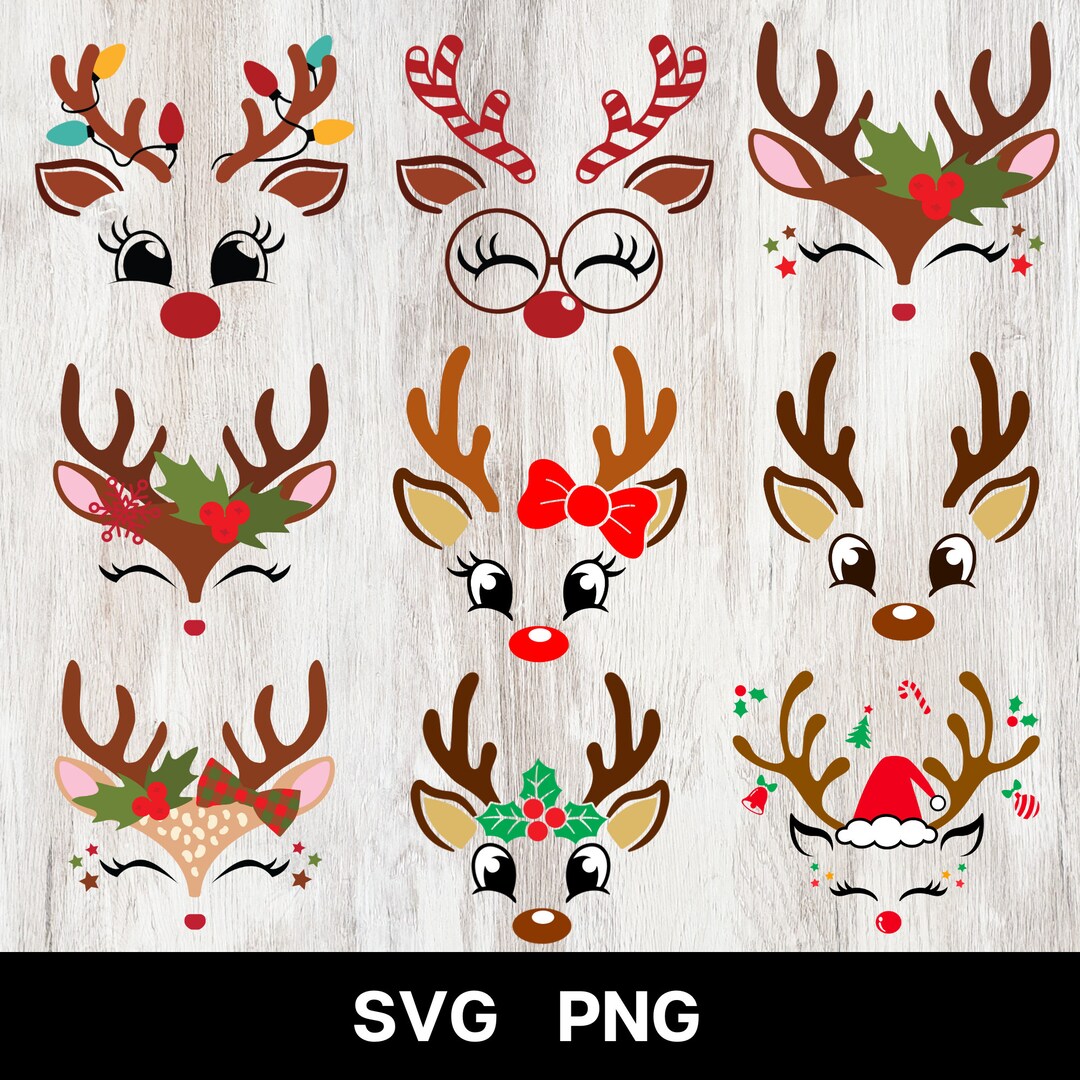 Paquete SVG de caras de reno de Navidad, niña reno svg, niño reno svg ...