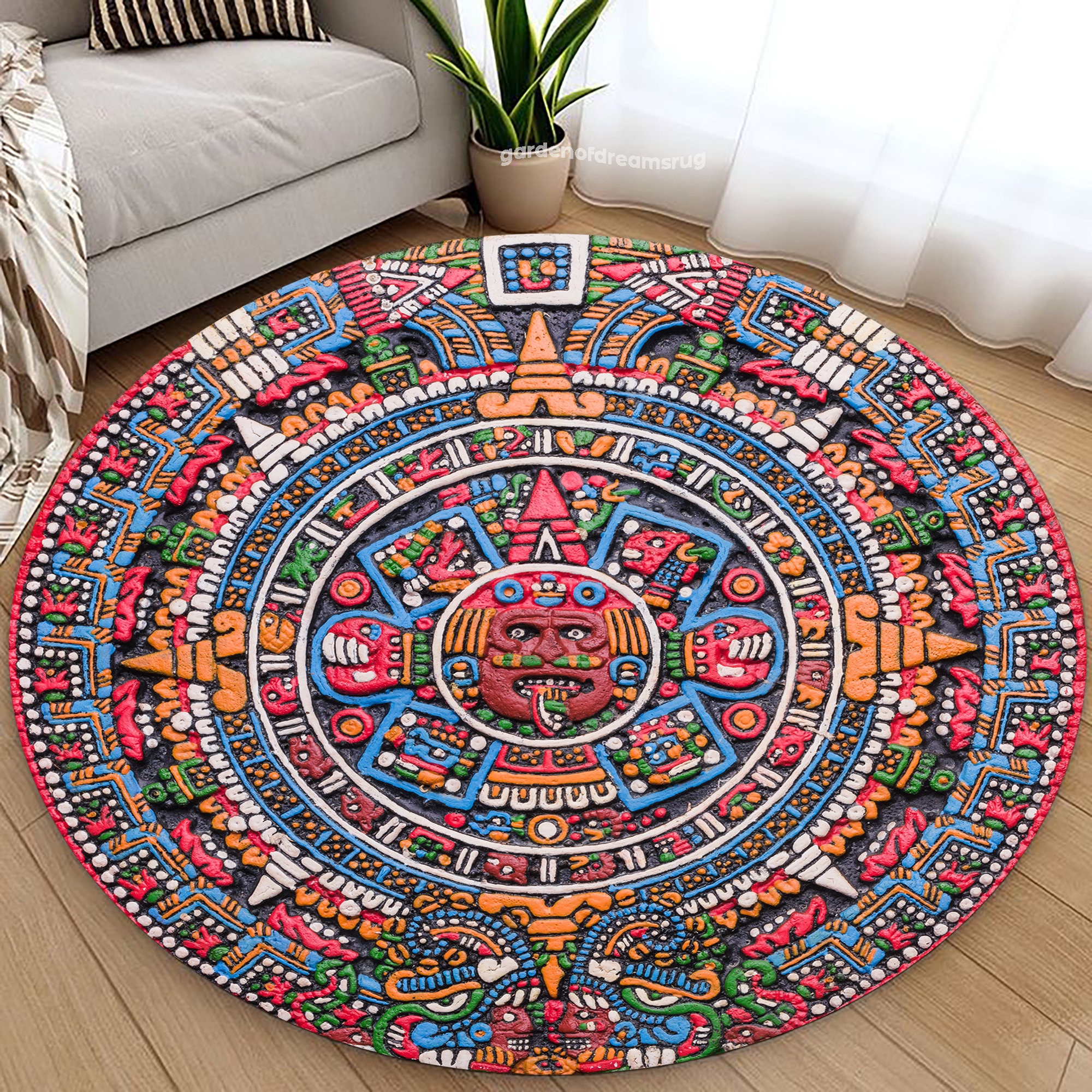 Mexican Style Rug, Medallion Rug, Symbolic Rug, Colorful Rug, Round Rug ...