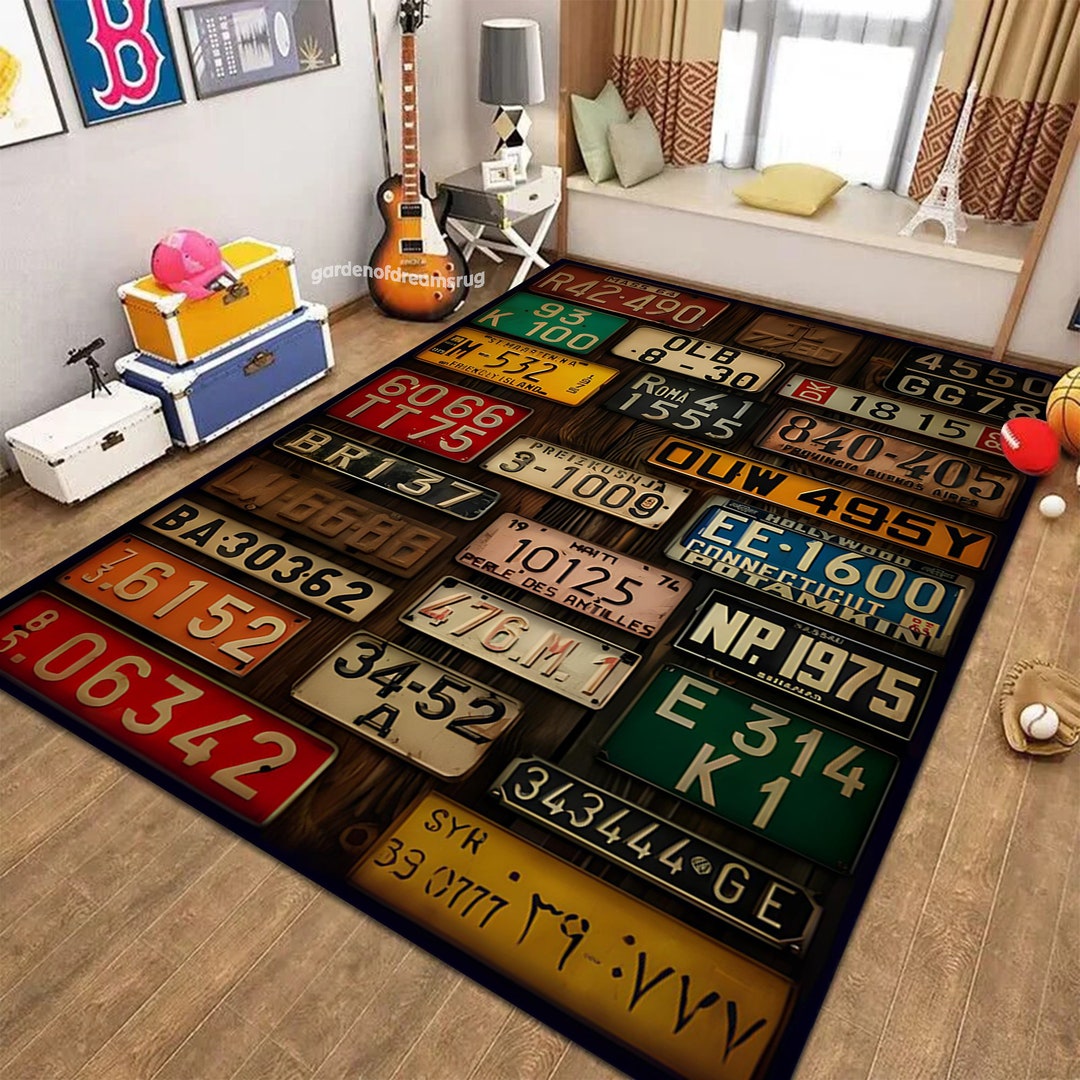 American Car Rug, Number Plate Rug, Retro Style Rug, Rugs for Living ...