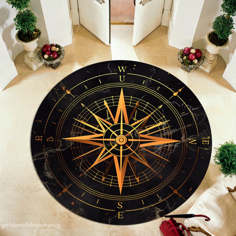 Compass Round Rug: Modern Art Style, Non-slip Polyester - Etsy