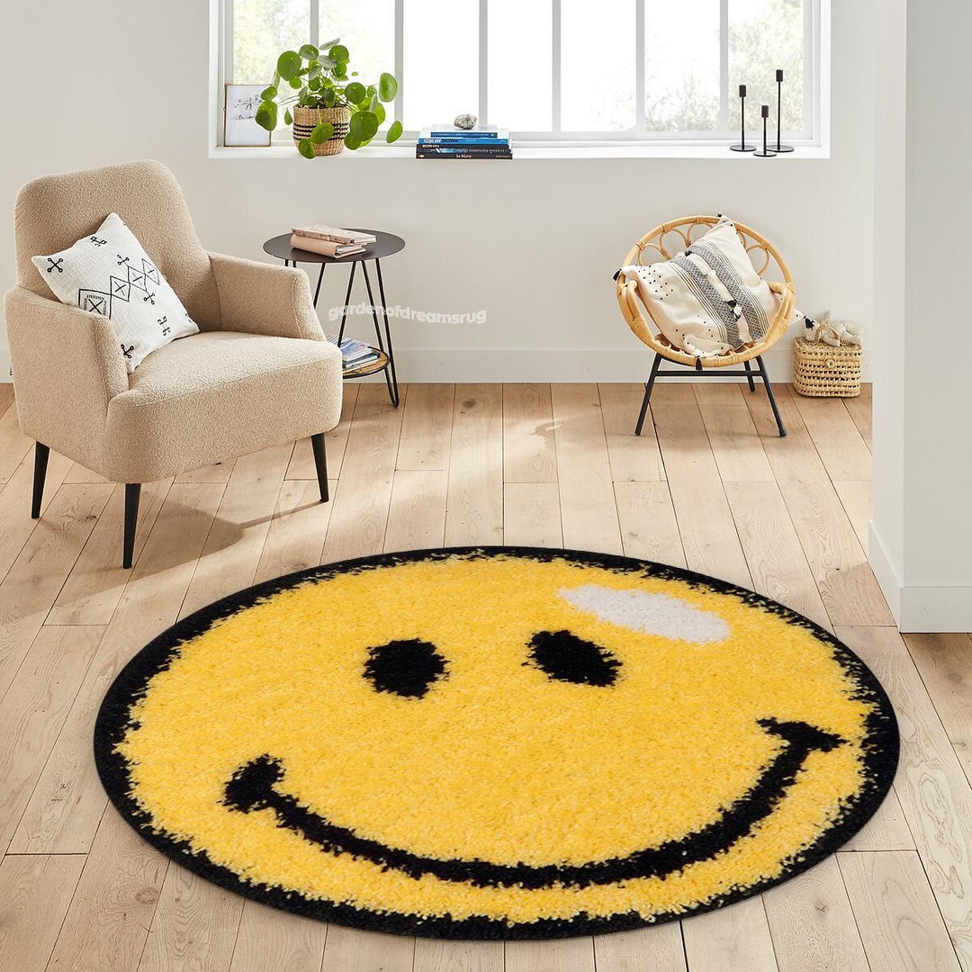 Smile Emoji Rug, Round Smile Rug, Tufted Look Rug, Emoji Decor, Rugs ...