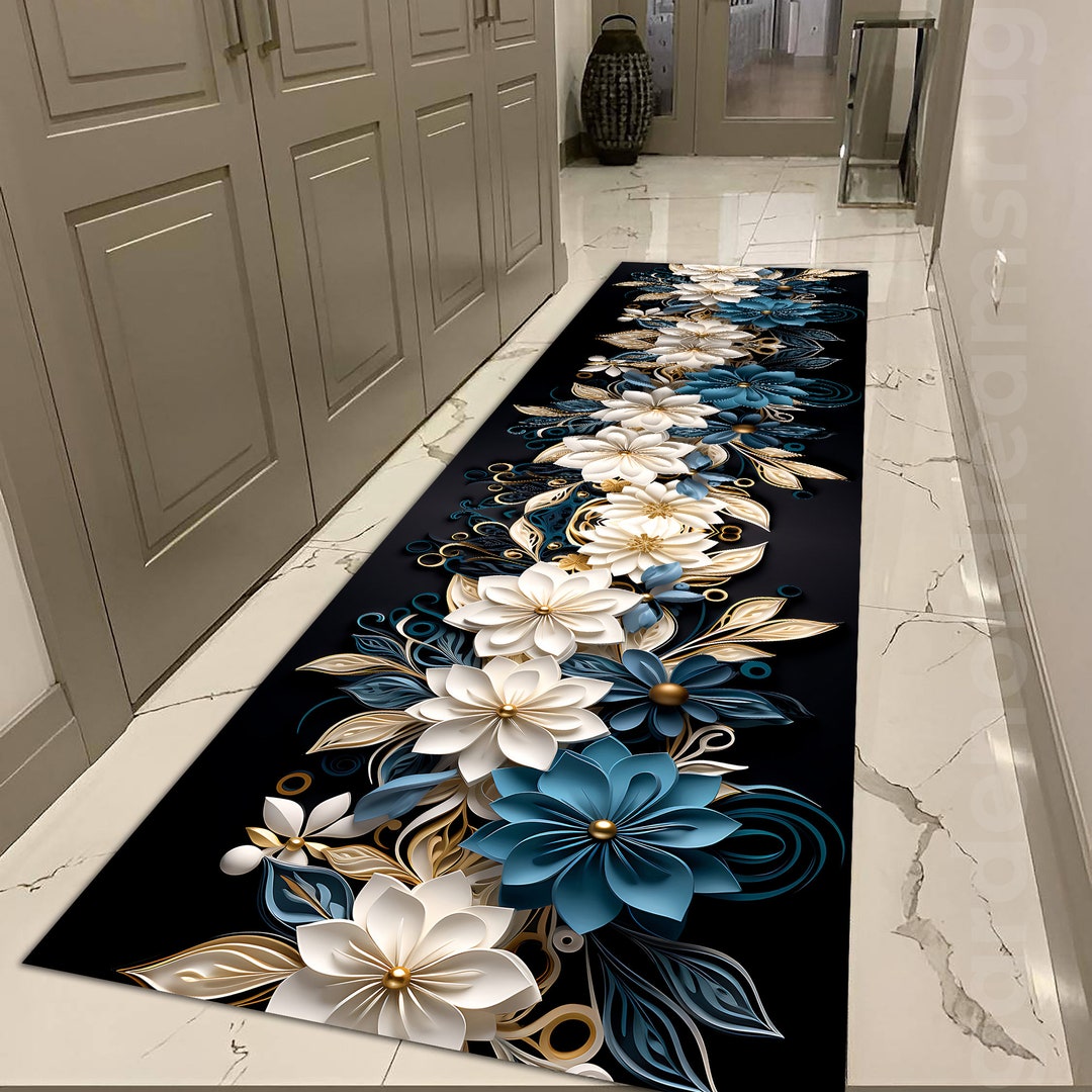 White and Blue Flower Rug, Flowers Runner, Gold Leaf Motif Rug ...