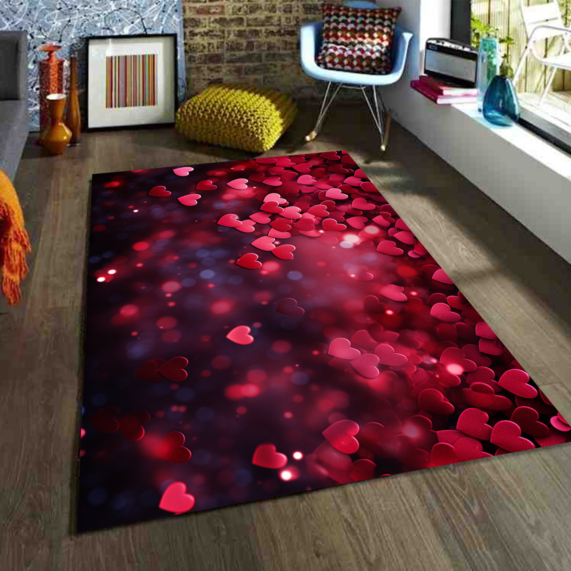 Hearts Rug, Valentine's Day Rug, Heart Themed Rug, Valentine's Rug, Red ...
