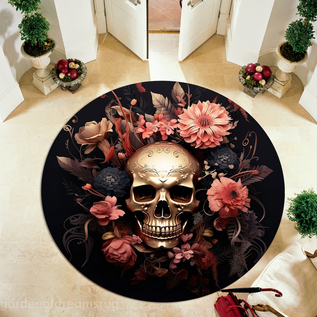 Skull Rug, Floral Skull Rug, Skull Round Rug, Living Room Rug, Round ...