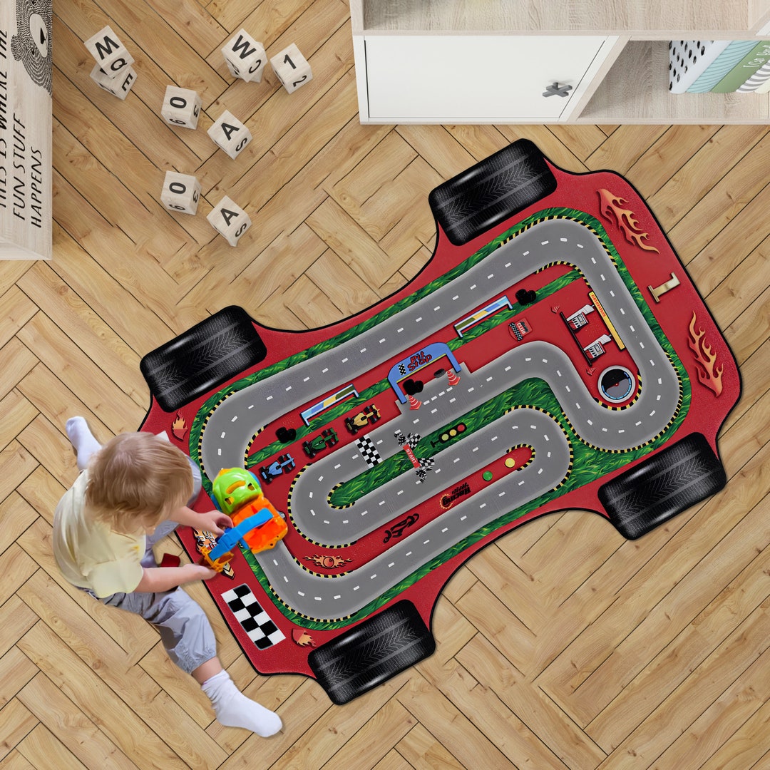 Race Track Rug, Formula 1 Rug, Cut Shaped Car, Red Area Rug, Kids Room ...