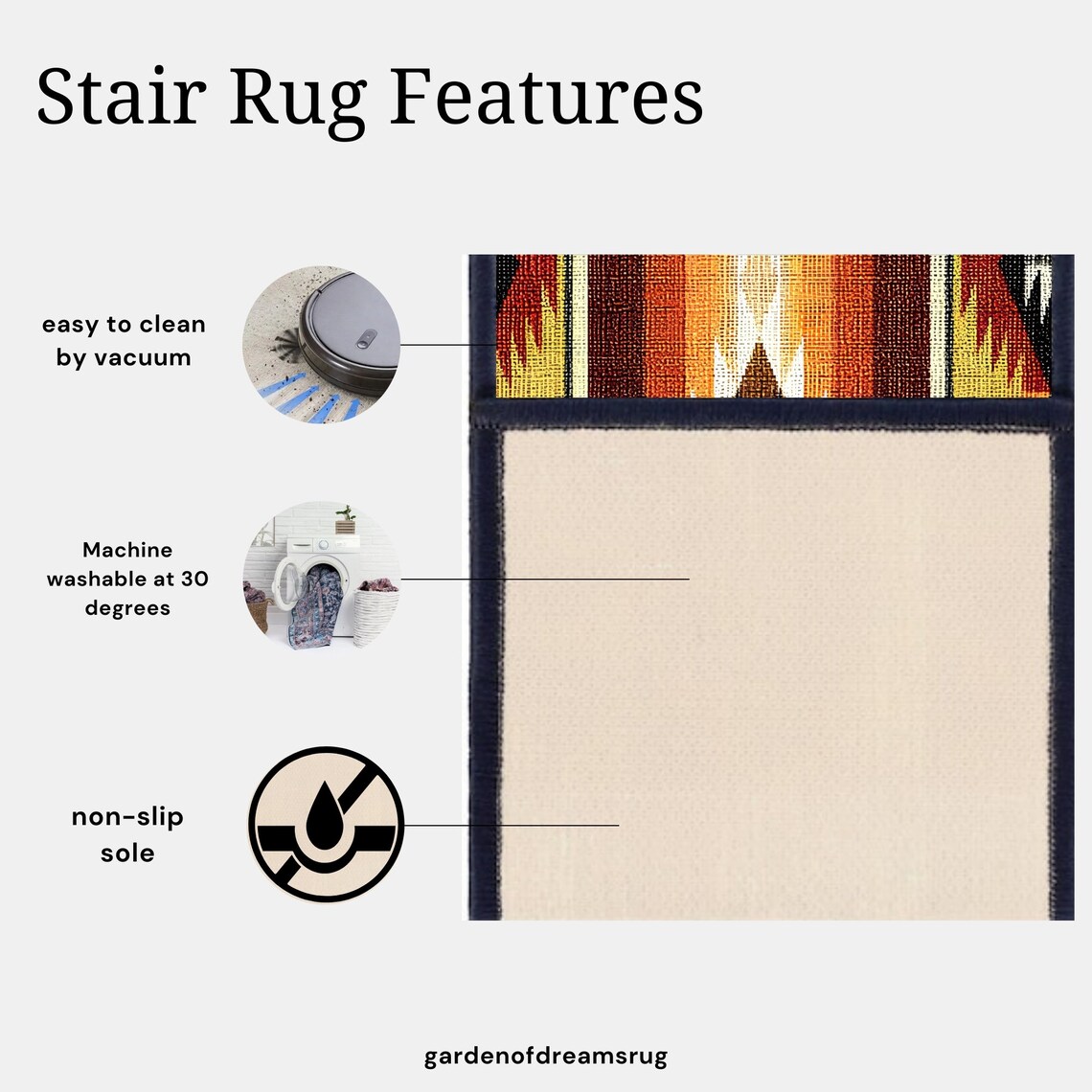 Fabric Pattern Stair Rug, Boho Style Stair Rug, Brown Stair Rug, Non ...