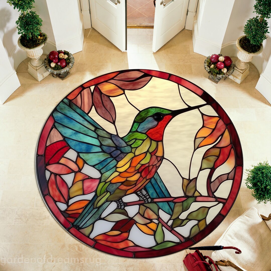 Hummingbird Mosaic Rug: Colorful Polyester Round Carpet - Etsy
