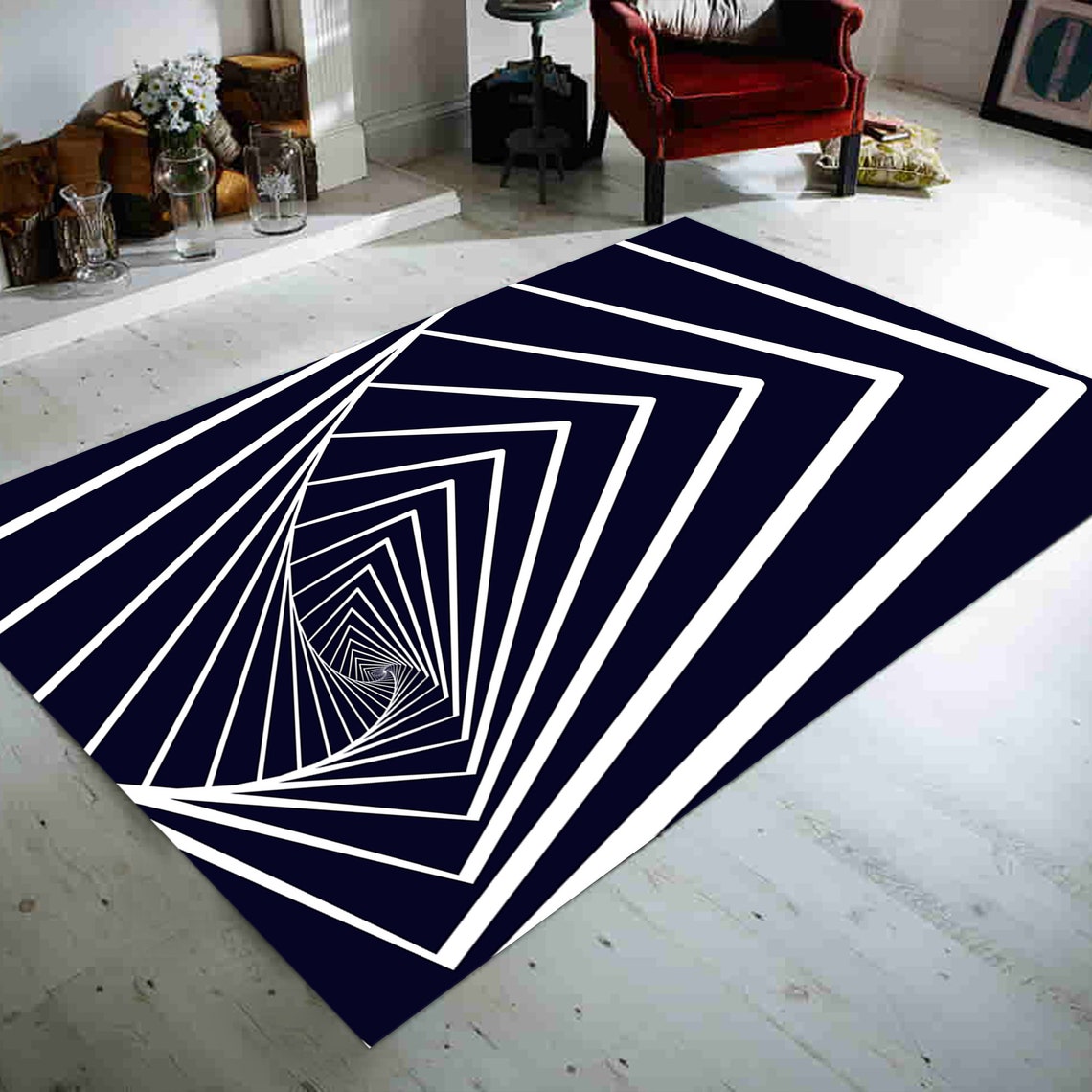 Optical Illusion Rug, Vortex Rug, Dark Navyblue Rug, 3D Area Rug, Home ...