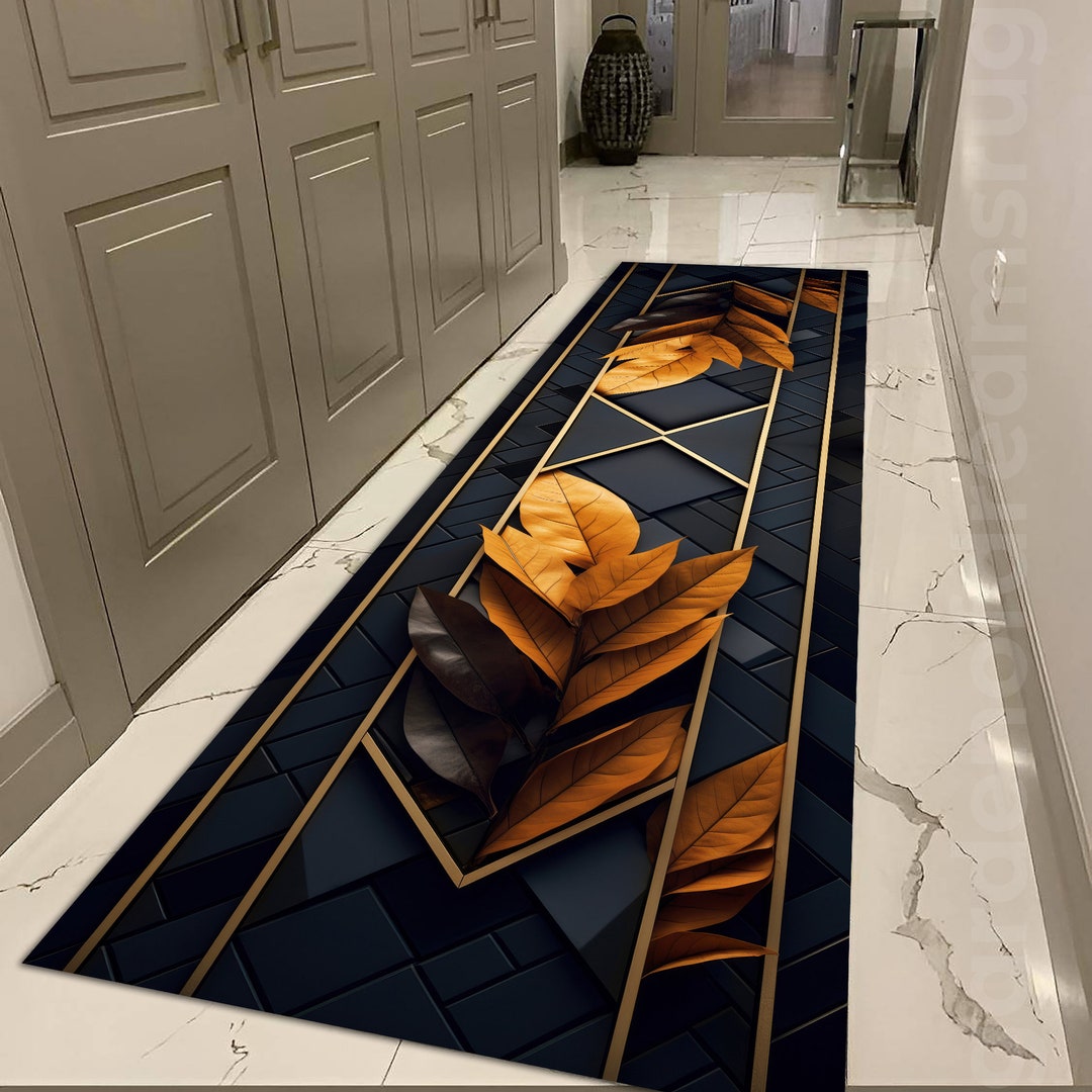 Autumn Leaves Runner, Leaf Themed Rug, Gold and Black Runner ...