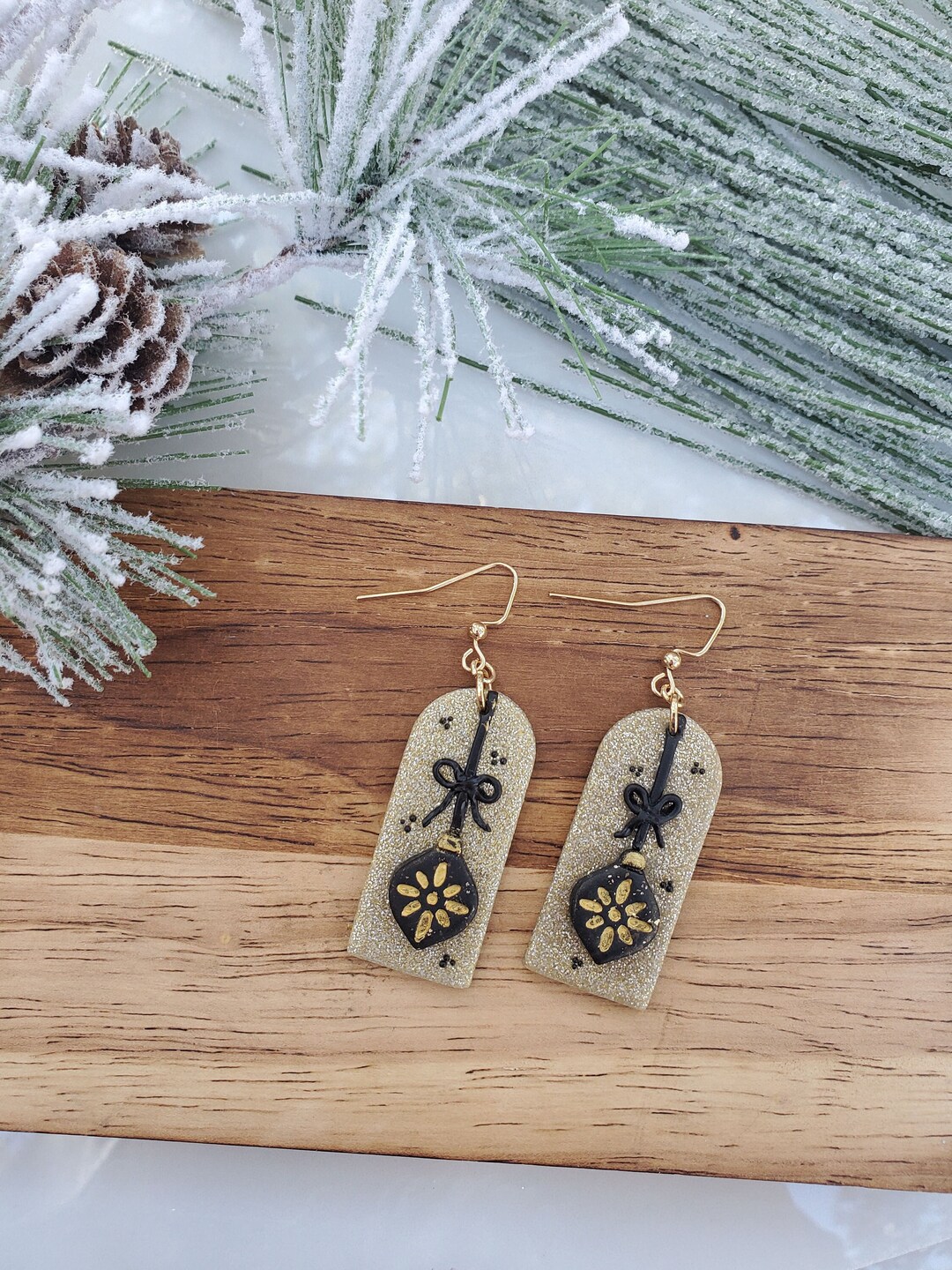 Polymer Clay Gold Glitter Ornament Thin Arch Dangle Earrings | Holiday ...