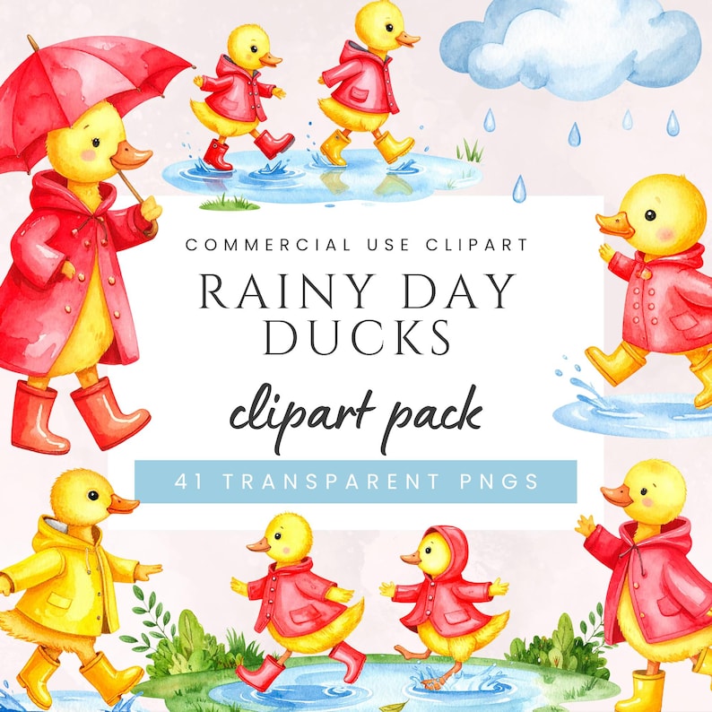 Rainy Day Duck Clipart Watercolor Duckling PNG Cute Ducks in Red Raincoats Commercial Use Baby ...