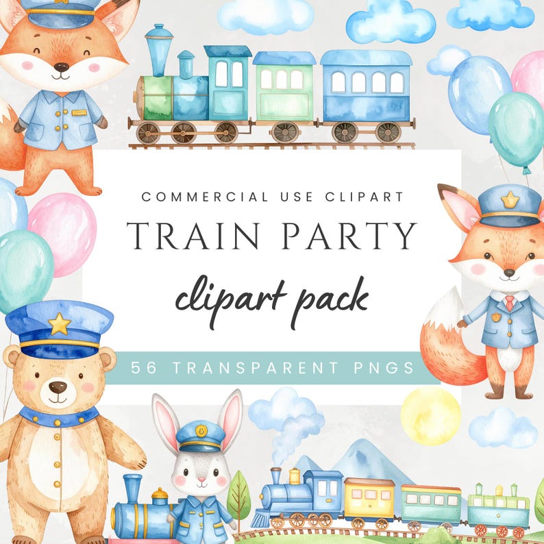 Clipart Watercolor Train Kids Birthday Party PNG Cute Cartoon Animal ...
