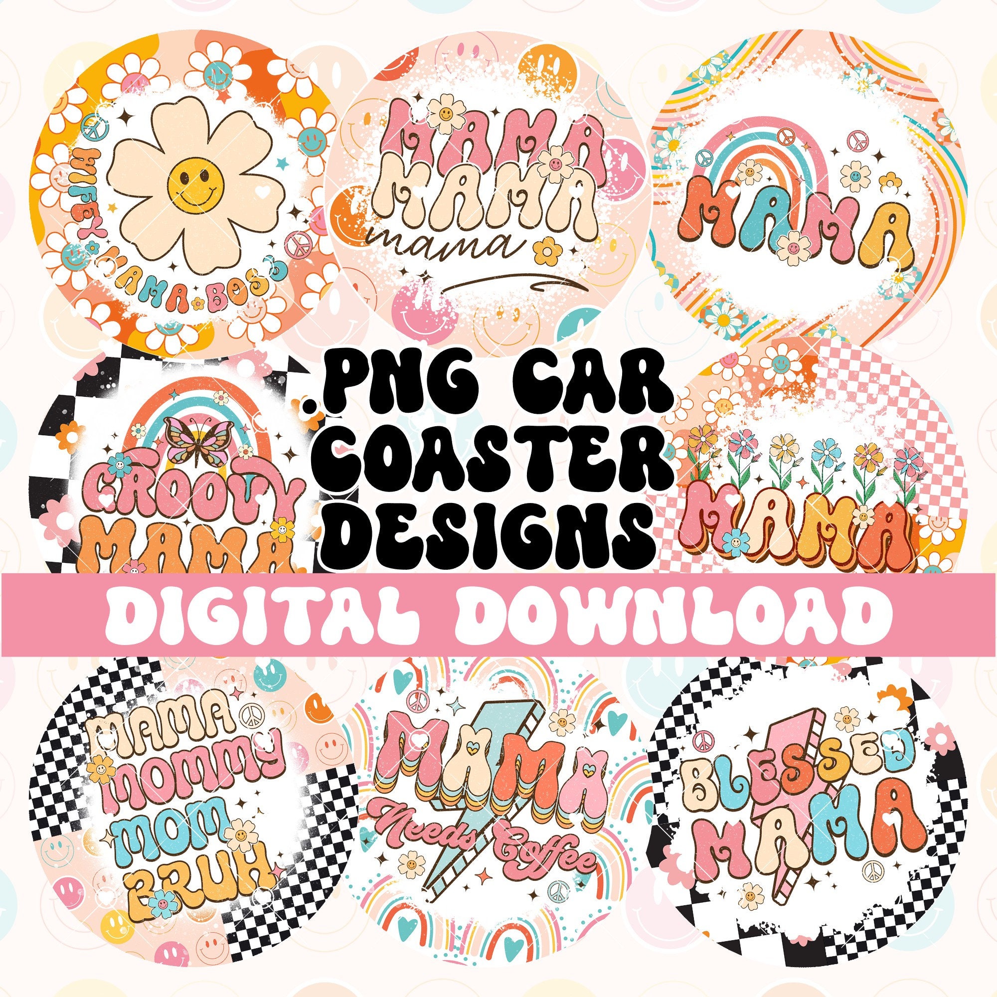 Retro Mama Car Coaster PNG, Sublimation Design, Coaster Bundle of 8 ...