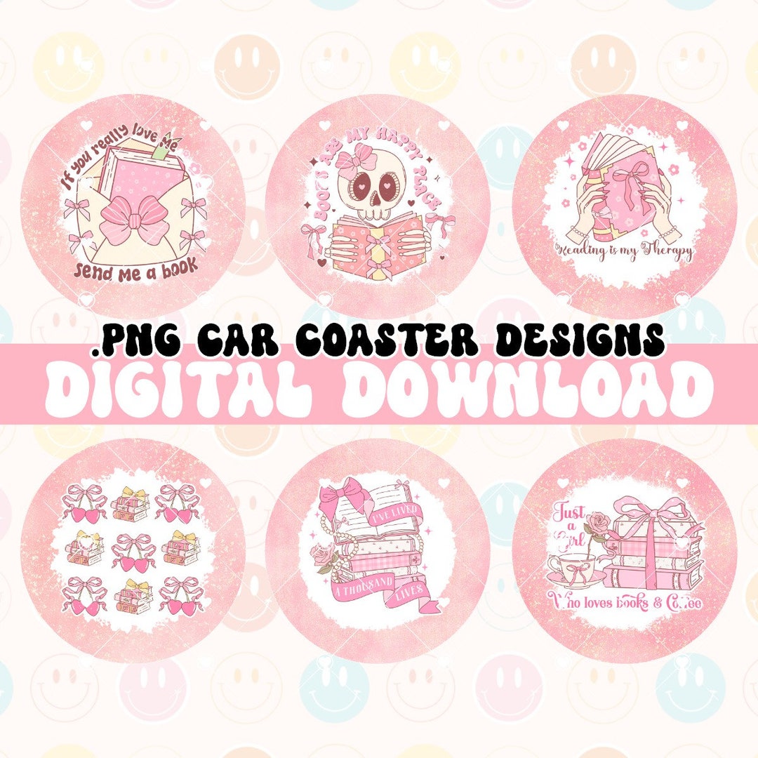 Pink Reading Car Coaster PNG, Cute Skull Sublimation Coaster, PNG ...