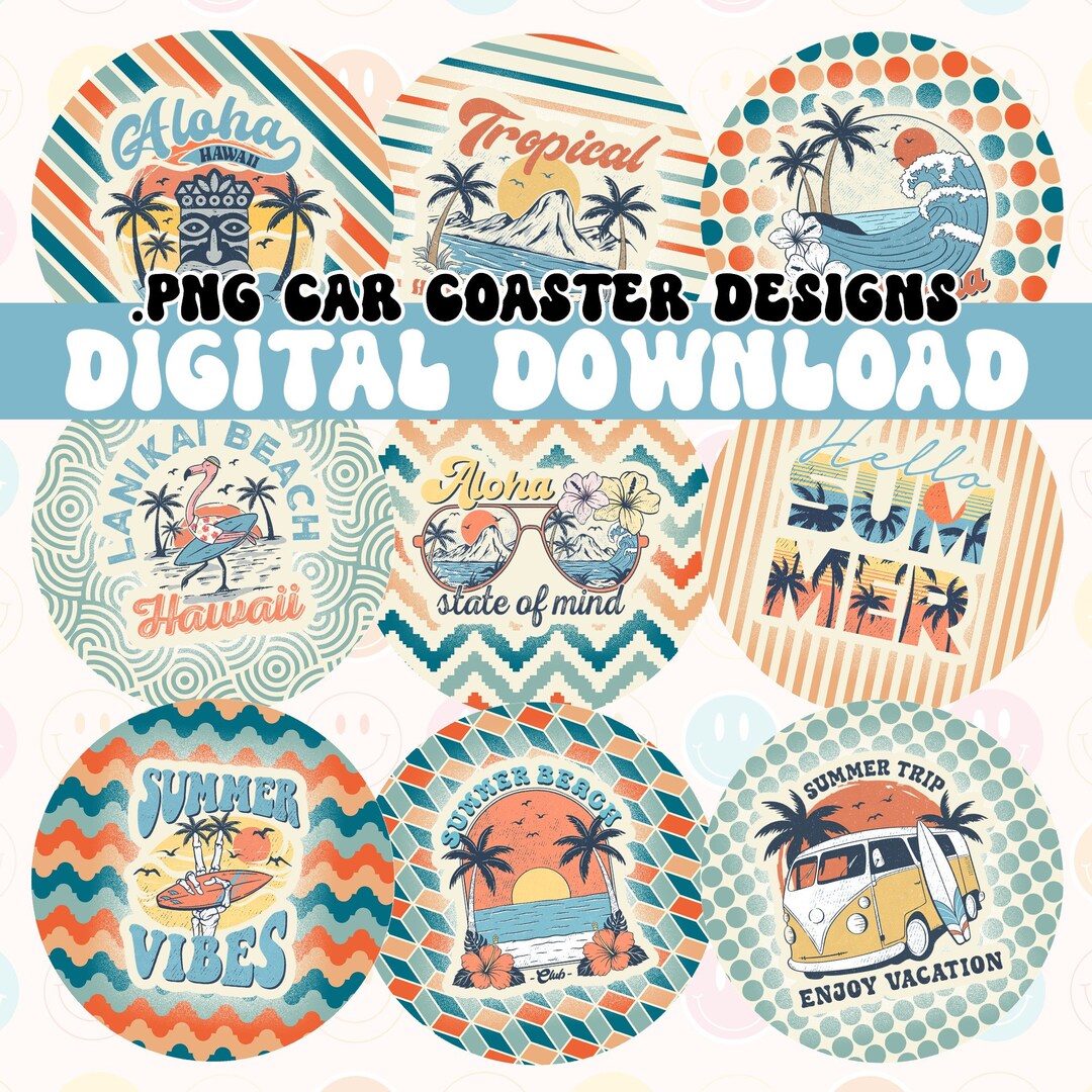 Retro Beach PNG Set, Hawaii Coaster PNG, Summer Sublimation, Tropical ...