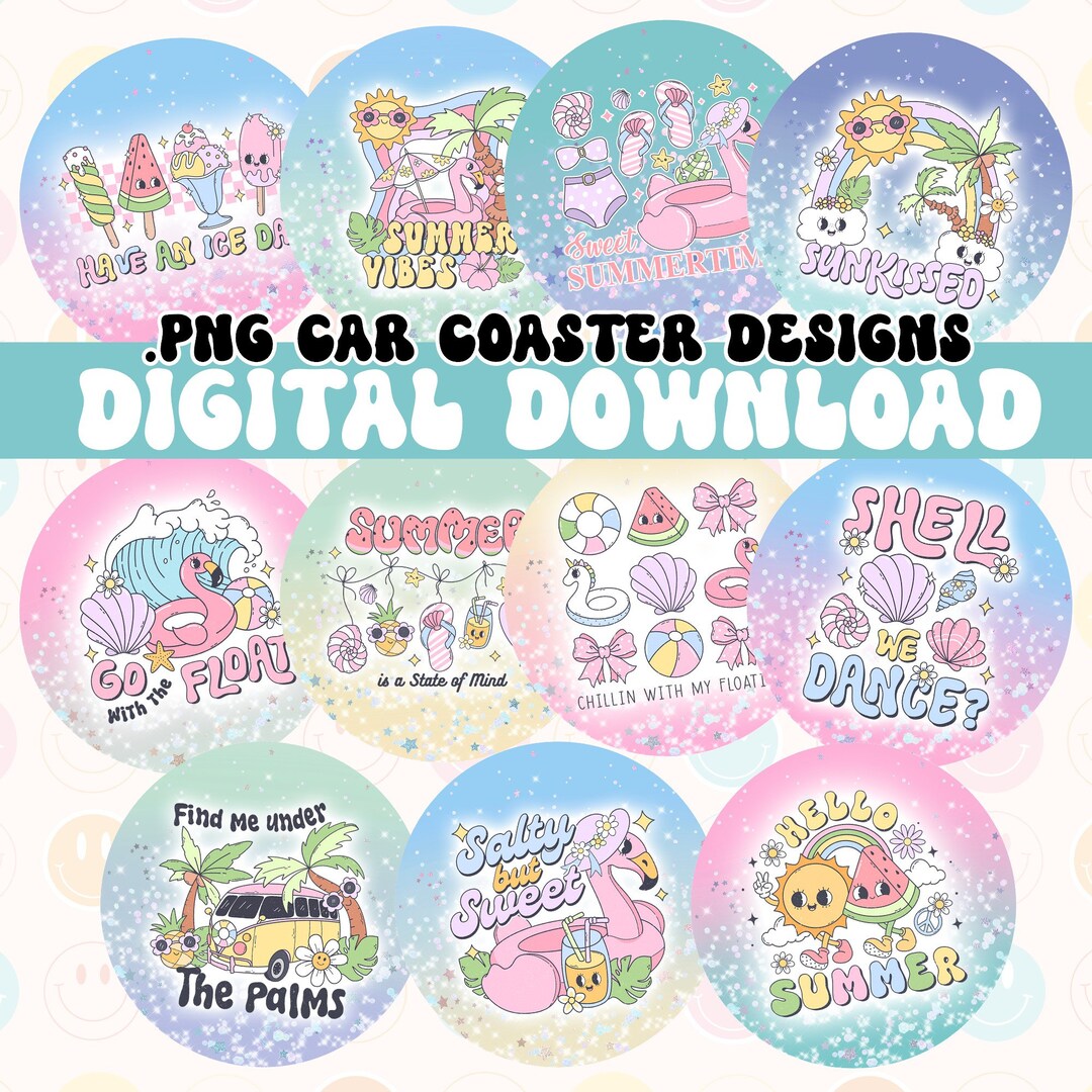 Glitter Summer Car Coaster PNG, Sublimation Design, Coaster Bundle of ...