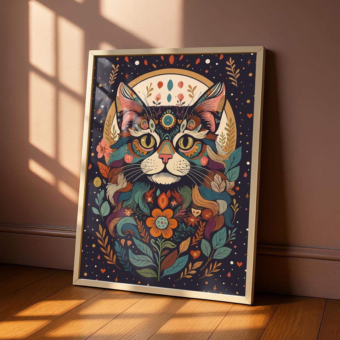 Hippie Folk-art Cat Poster • Boho Cat Head Illustration Warm Toned ...