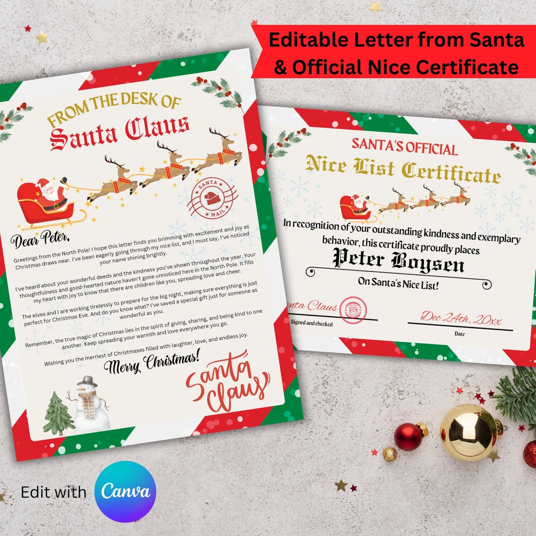 Letter From Santa, Nice List Certificate, Editable Personalized Letter ...