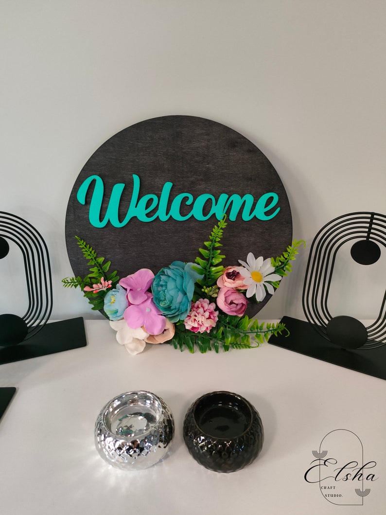 Black Wooden Welcome Sign With Artificial Flowers Shelf Sign - Etsy