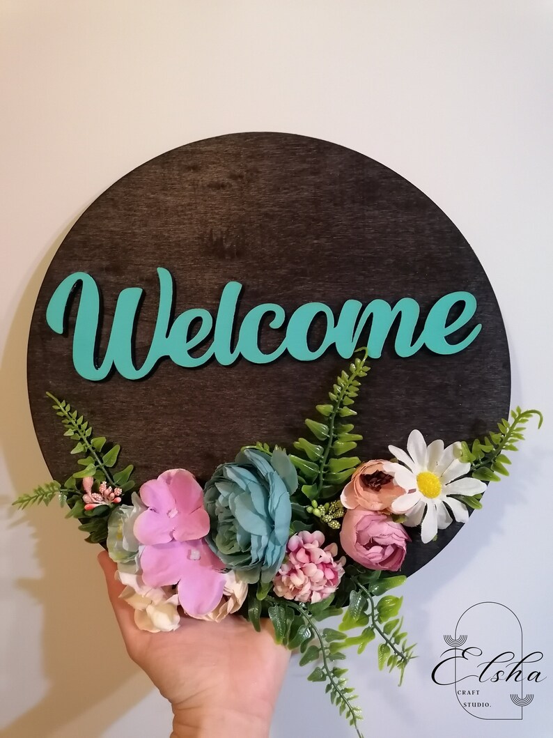 Black Wooden Welcome Sign With Artificial Flowers Shelf Sign - Etsy