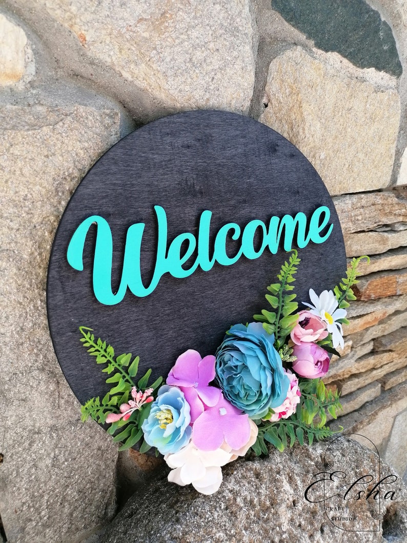 Black Wooden Welcome Sign With Artificial Flowers Shelf Sign - Etsy