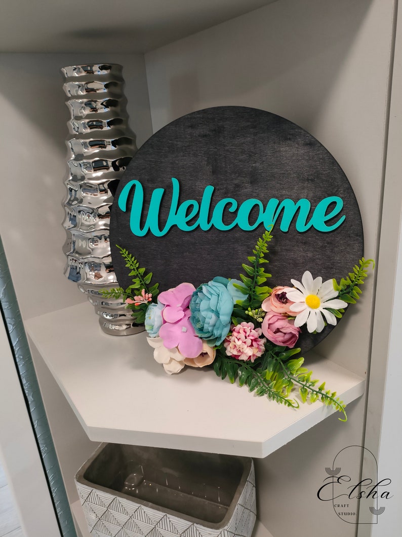 Black Wooden Welcome Sign With Artificial Flowers Shelf Sign - Etsy