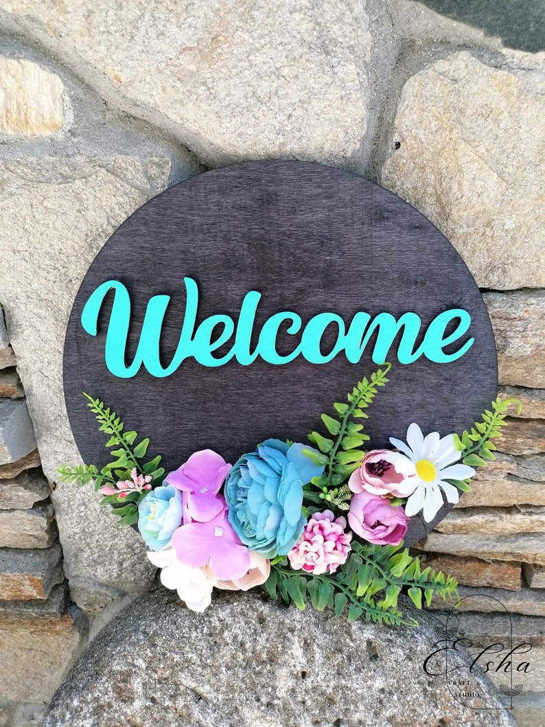 Black Wooden Welcome Sign With Artificial Flowers Shelf Sign - Etsy