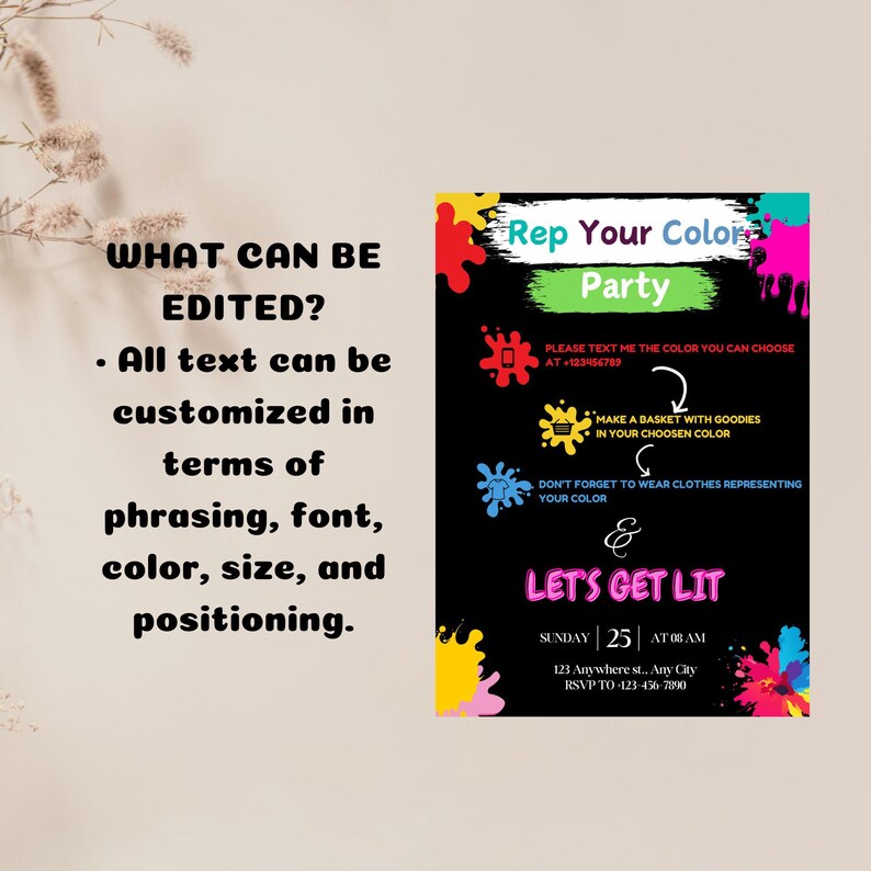 Editable Party Invitation, Rep Your Color, Color Theme Party Invite ...