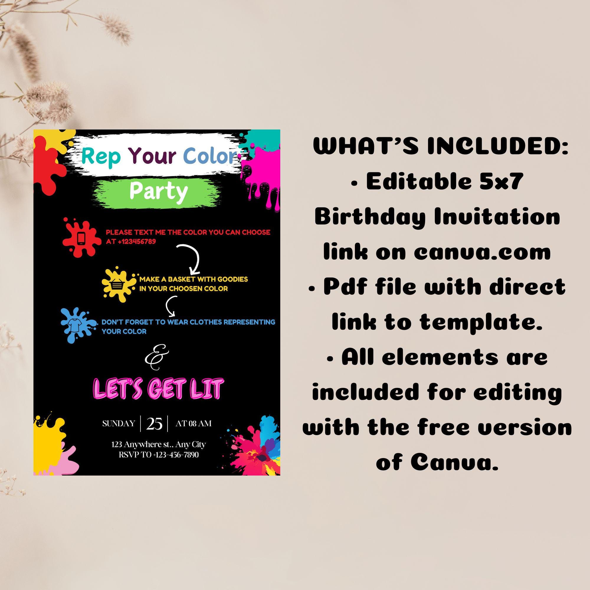 Editable Party Invitation, Rep Your Color, Color Theme Party Invite ...