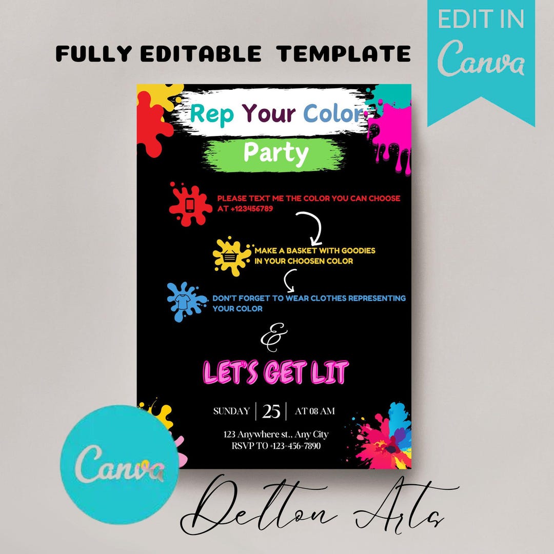 Editable Party Invitation, Rep Your Color, Color Theme Party Invite ...