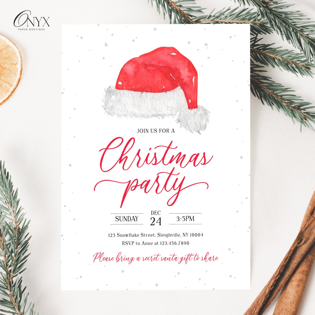 Editable Christmas Party Invitation, Santa Hat Christmas Party Invite ...