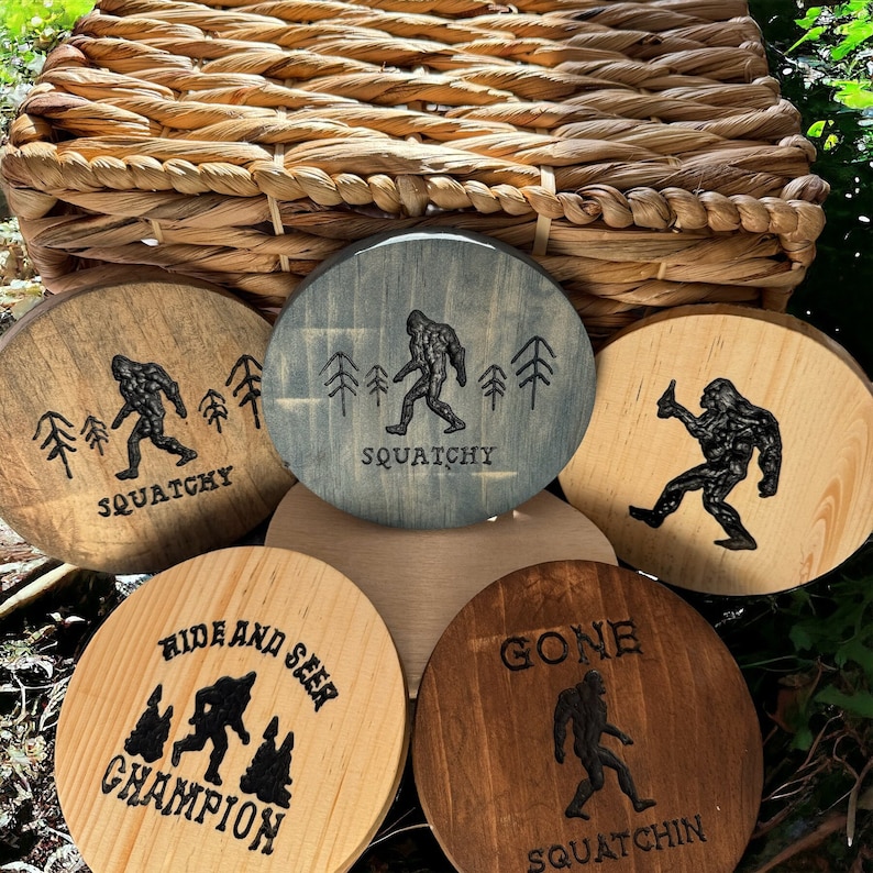 Bigfoot Coaster Set | Sasquatch Gift | Set of Four Round Wood | Bigfoot ...