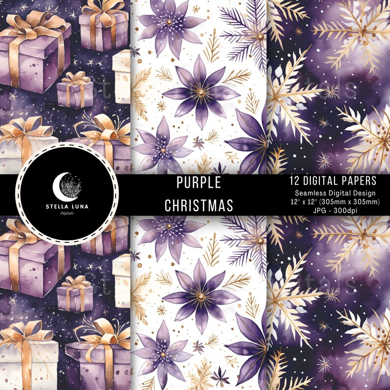 Purple Christmas Digital Paper, Seamless Pattern, Watercolors, Xmas ...